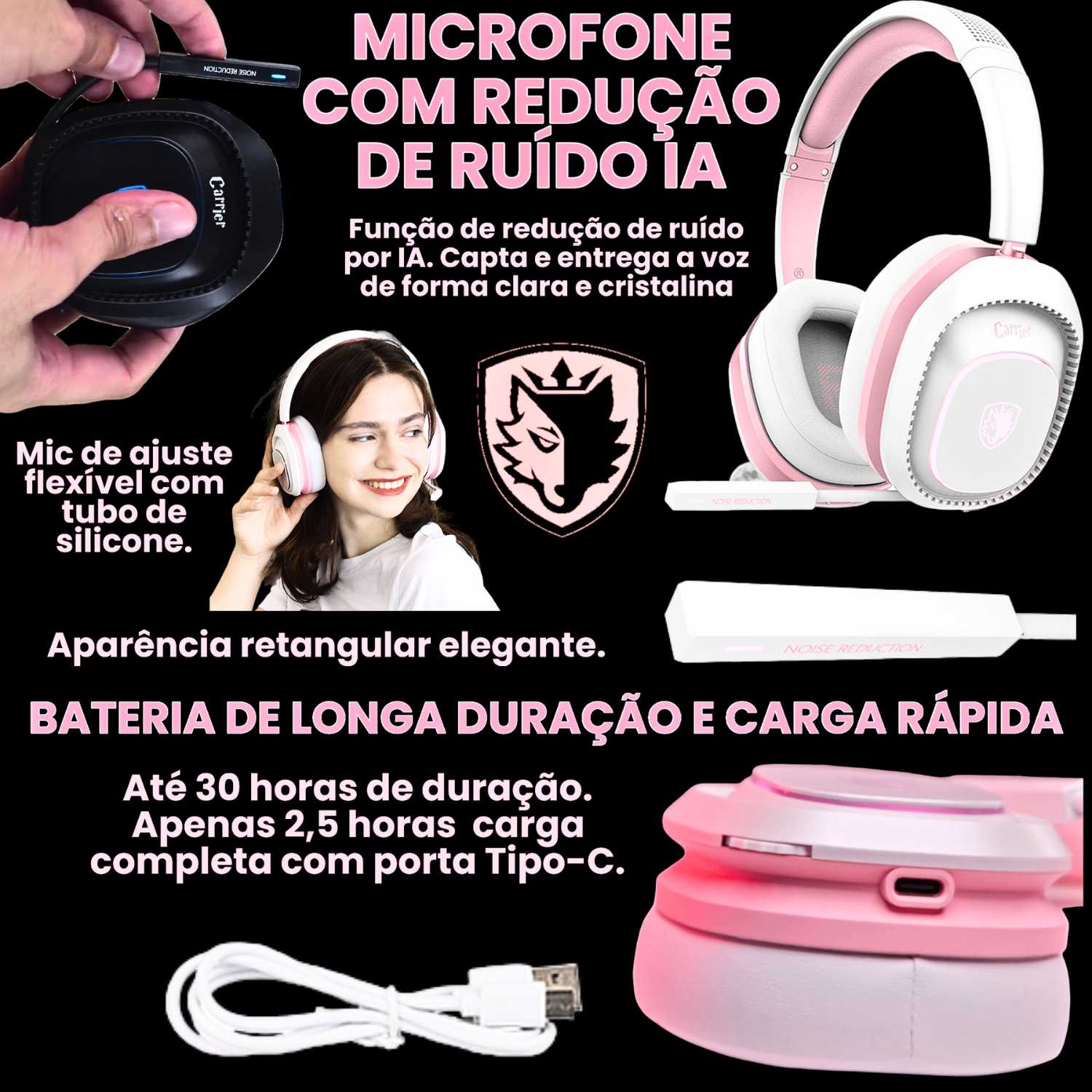 Headset Sades Carrier Wireless Gamer 3 modos Profissional Rosa Angel ...