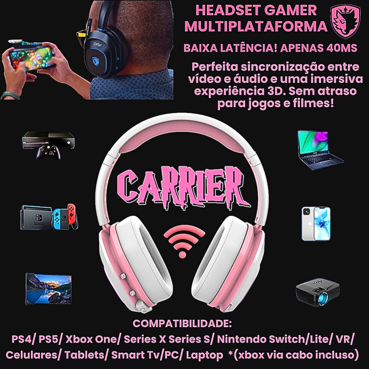 Headset Sades Carrier Wireless Gamer 3 modos Profissional Rosa Angel ...
