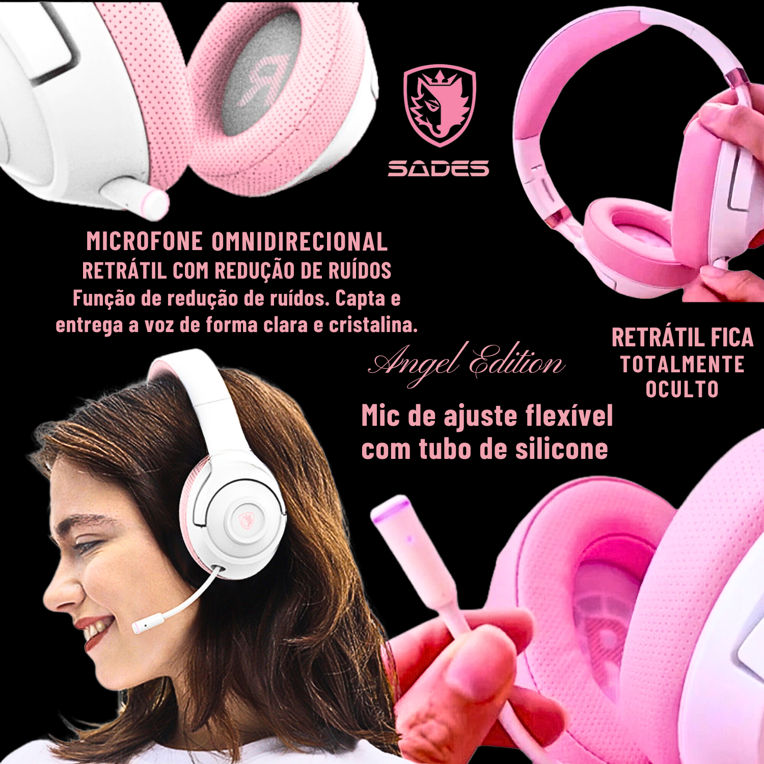 Headset Sades Whisper Wireless Multifuncional Angel Edition Rosa ...