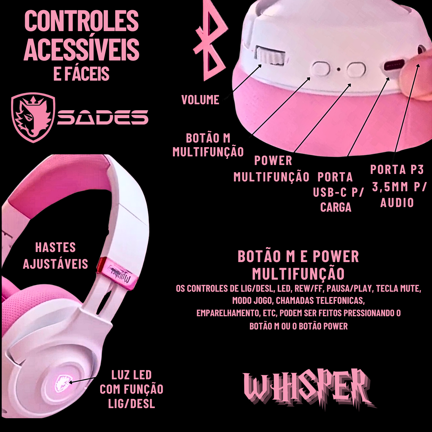 Headset Sades Whisper Wireless Multifuncional Angel Edition Rosa ...