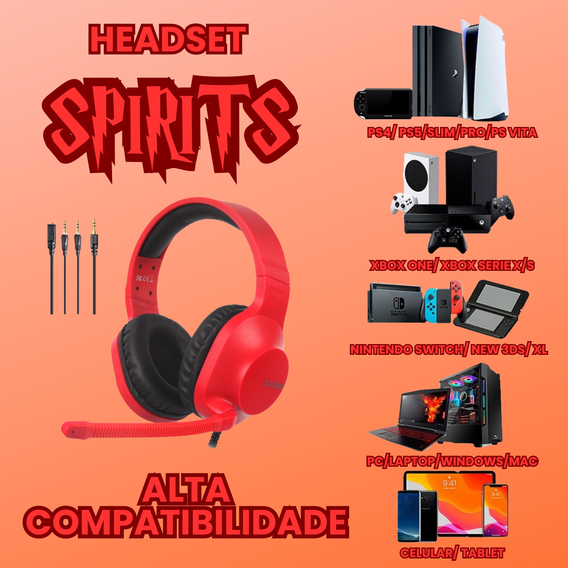 Headset Gamer Sades PS4 PS5 Nintendo Switch Celular Xbox One Pc Spirits ...
