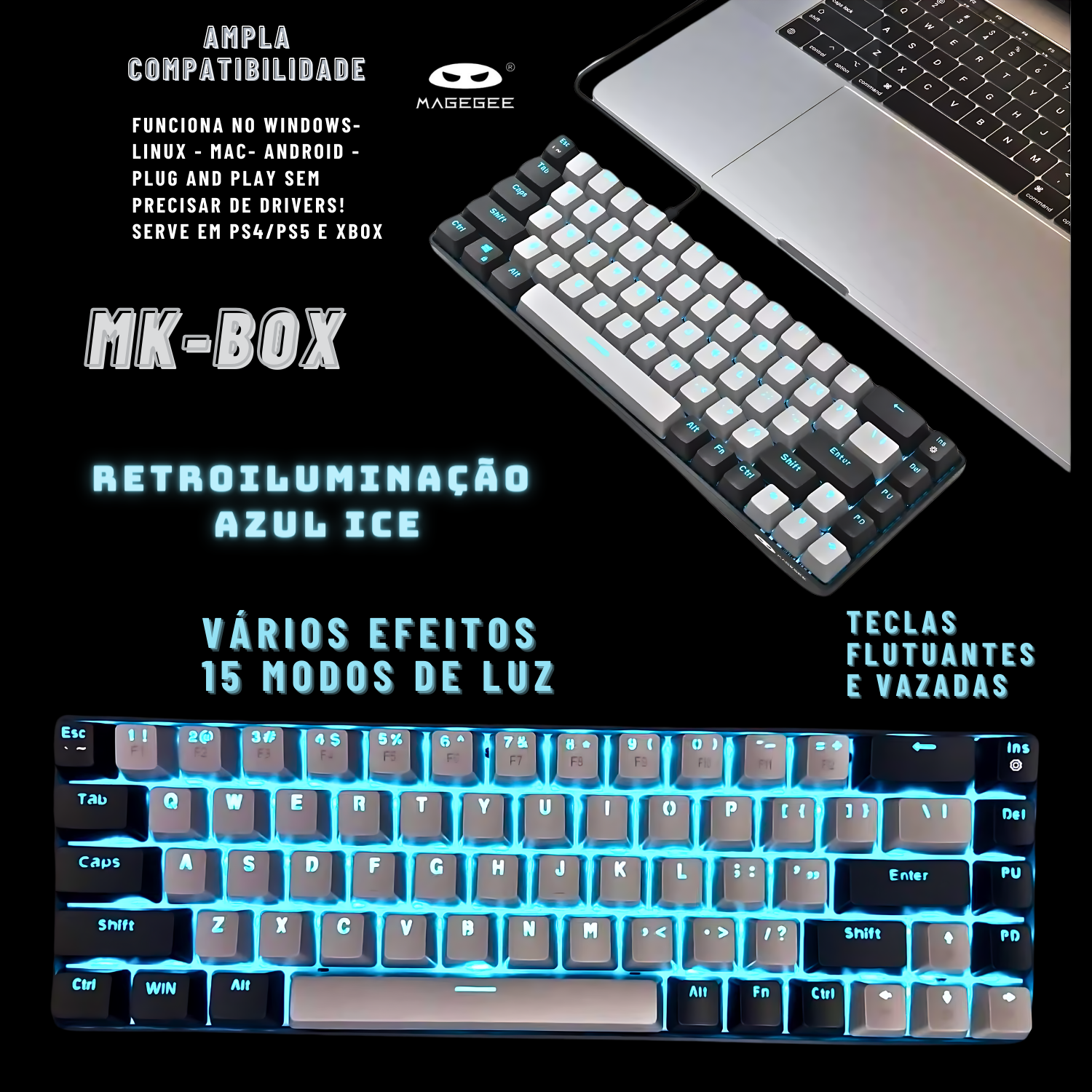 Teclado Mecânico Gamer 65% Magegee Cabo USB-C Destacável Retro ...