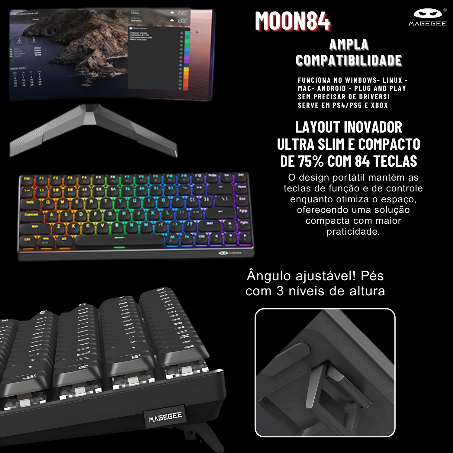 Teclado Mecânico Magegee Moon84 Sem Fio Rgb Baixo Perfil - Sades Brasil - Acessórios Gamer ...
