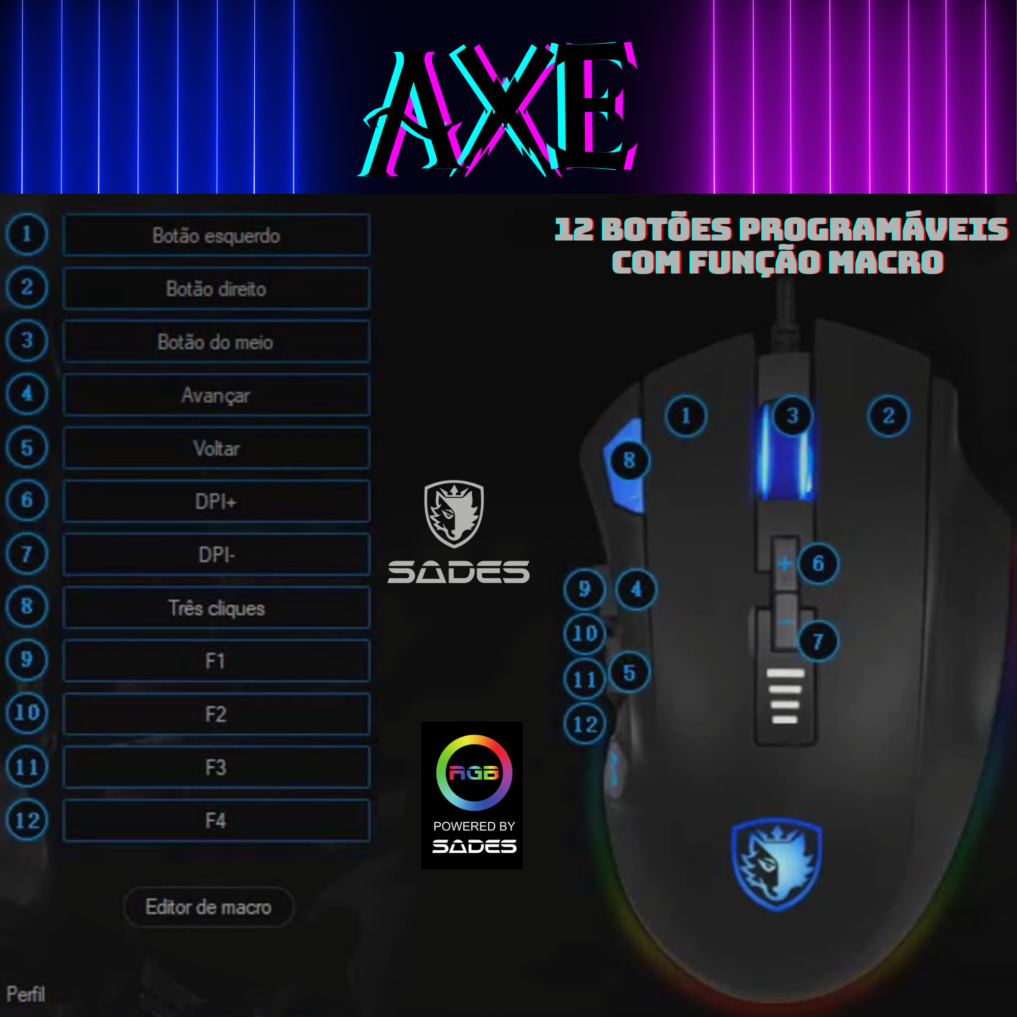 Mouse Gamer Sades Axe Rgb 12 Botões Programáveis Contrapeso Macro ...
