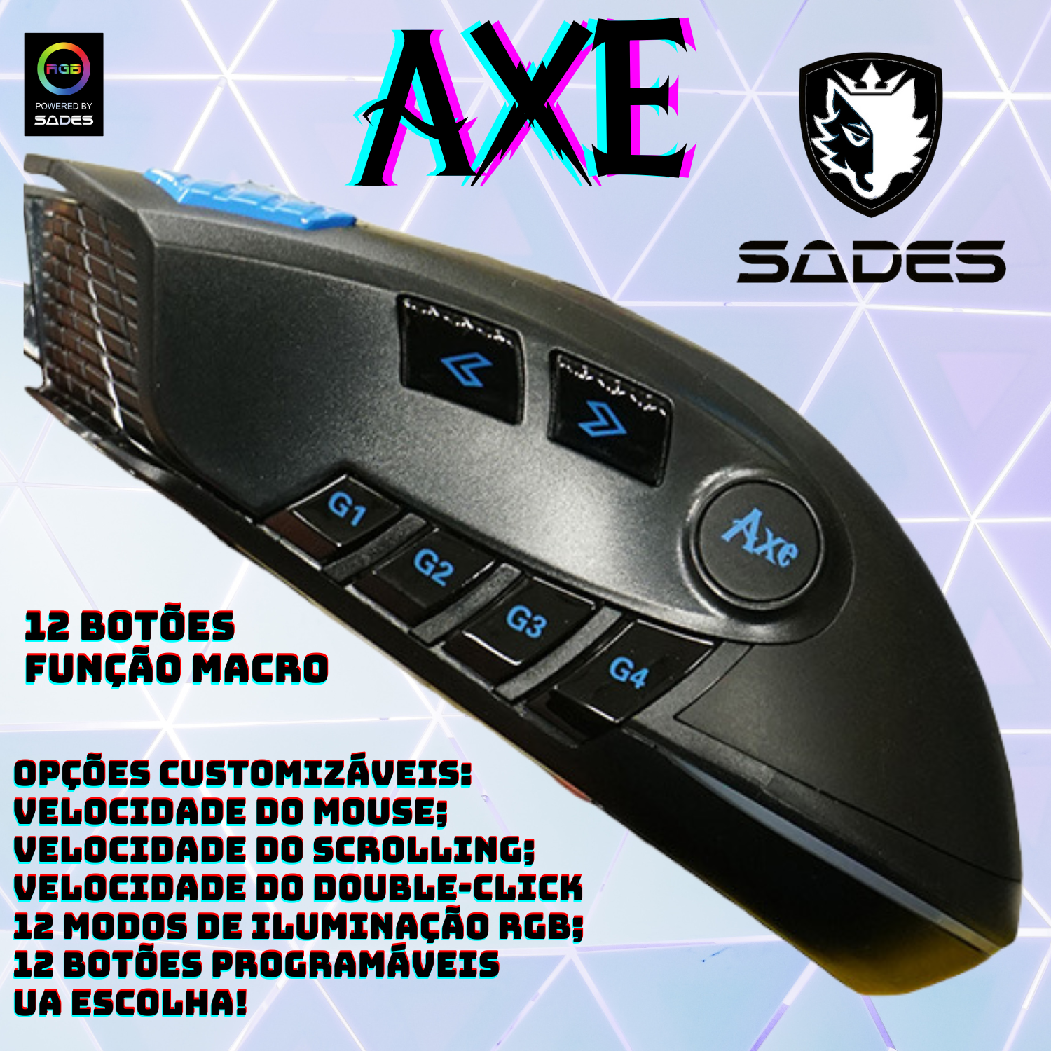 Mouse Gamer Sades Axe Rgb 12 Botões Programáveis Contrapeso Macro ...