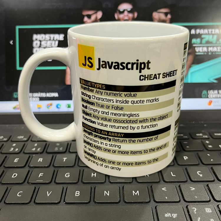 Caneca Javascript Commands Cheat Sheet branca - Caneca do Dev - Canecas ...