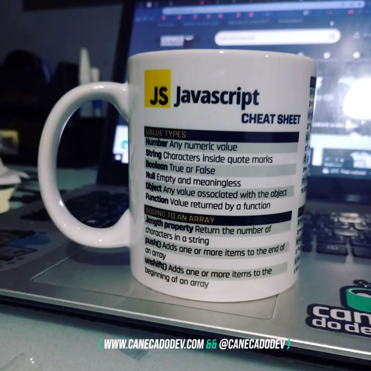 Caneca Javascript Commands Cheat Sheet branca - Caneca do Dev - Canecas ...