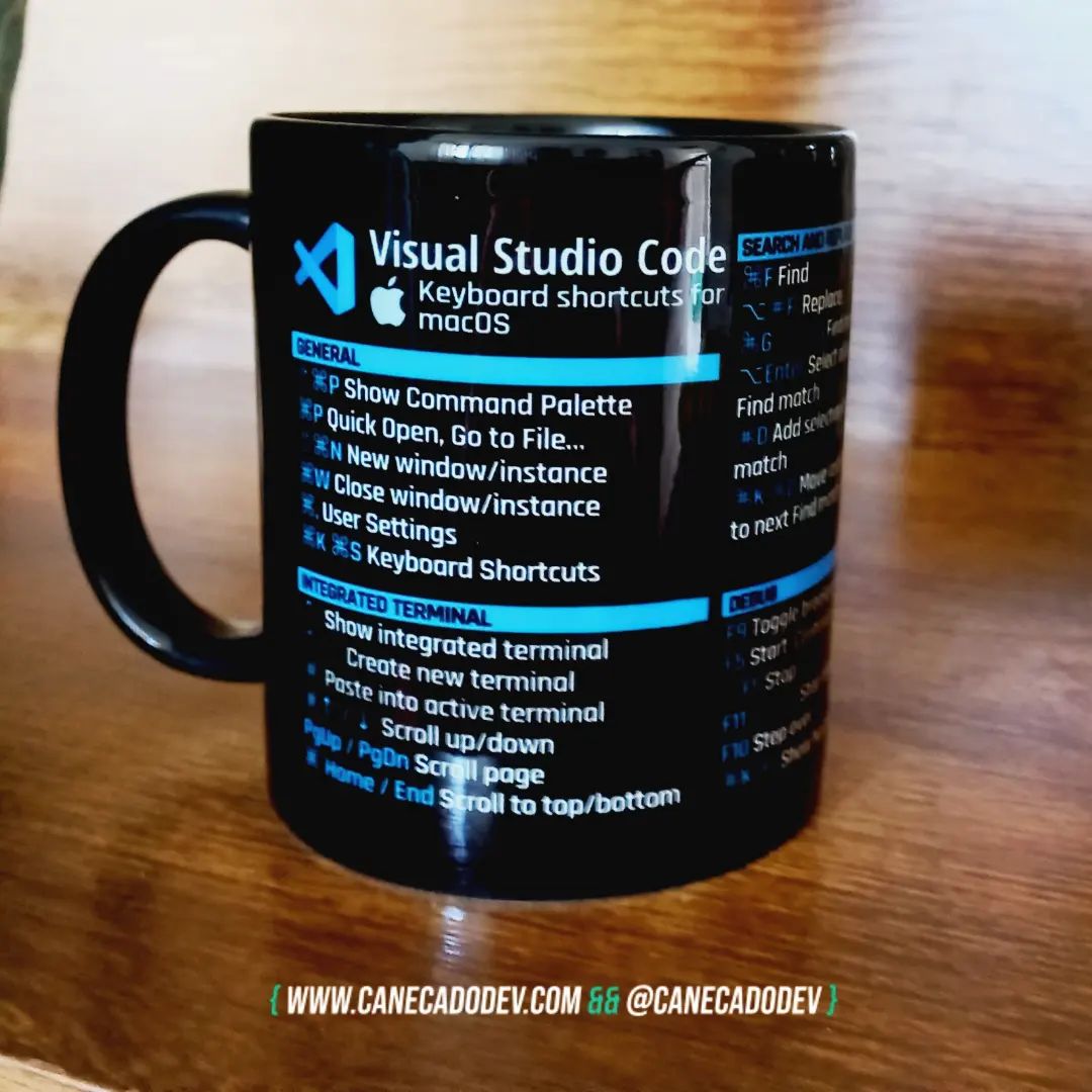 Caneca VS Code macOS Keyboard Shortcuts preta - Caneca do Dev - Canecas ...