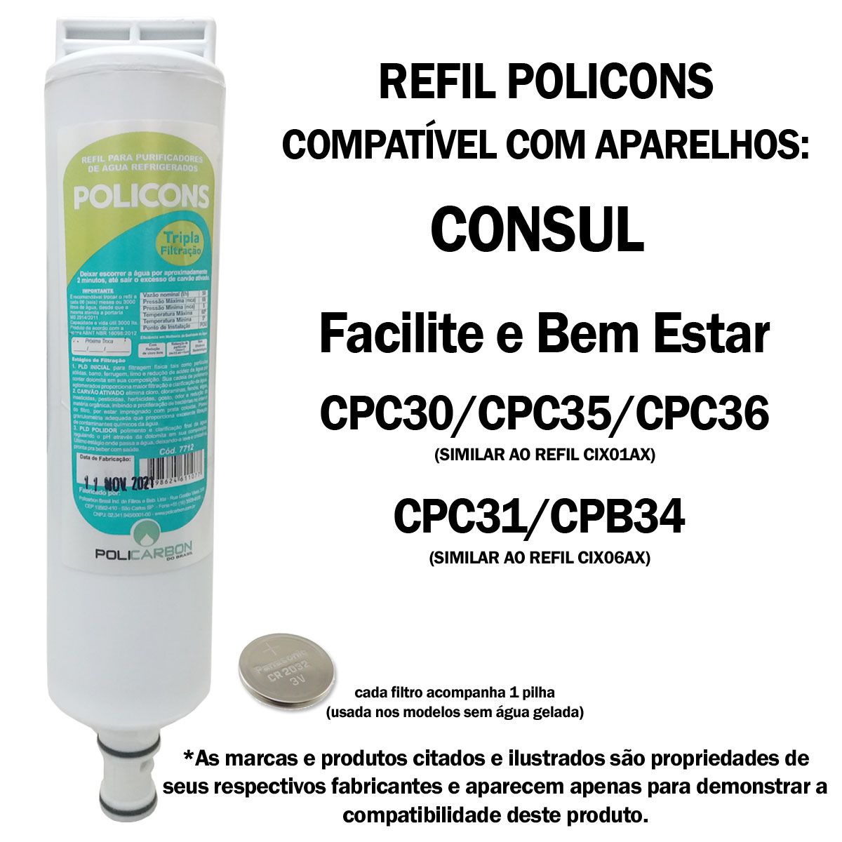 Kit 2 Filtro Refil Consul Compatível Purificador Bem Estar CPC30 CPC35 CPC36 CPC31 CPB34 CIX01 ...