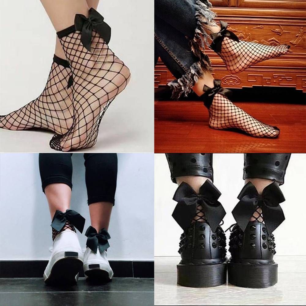 Meia Soquete Arrastão Preta com Laço Retrô Pin Up - Bruna Pepper Moda ...