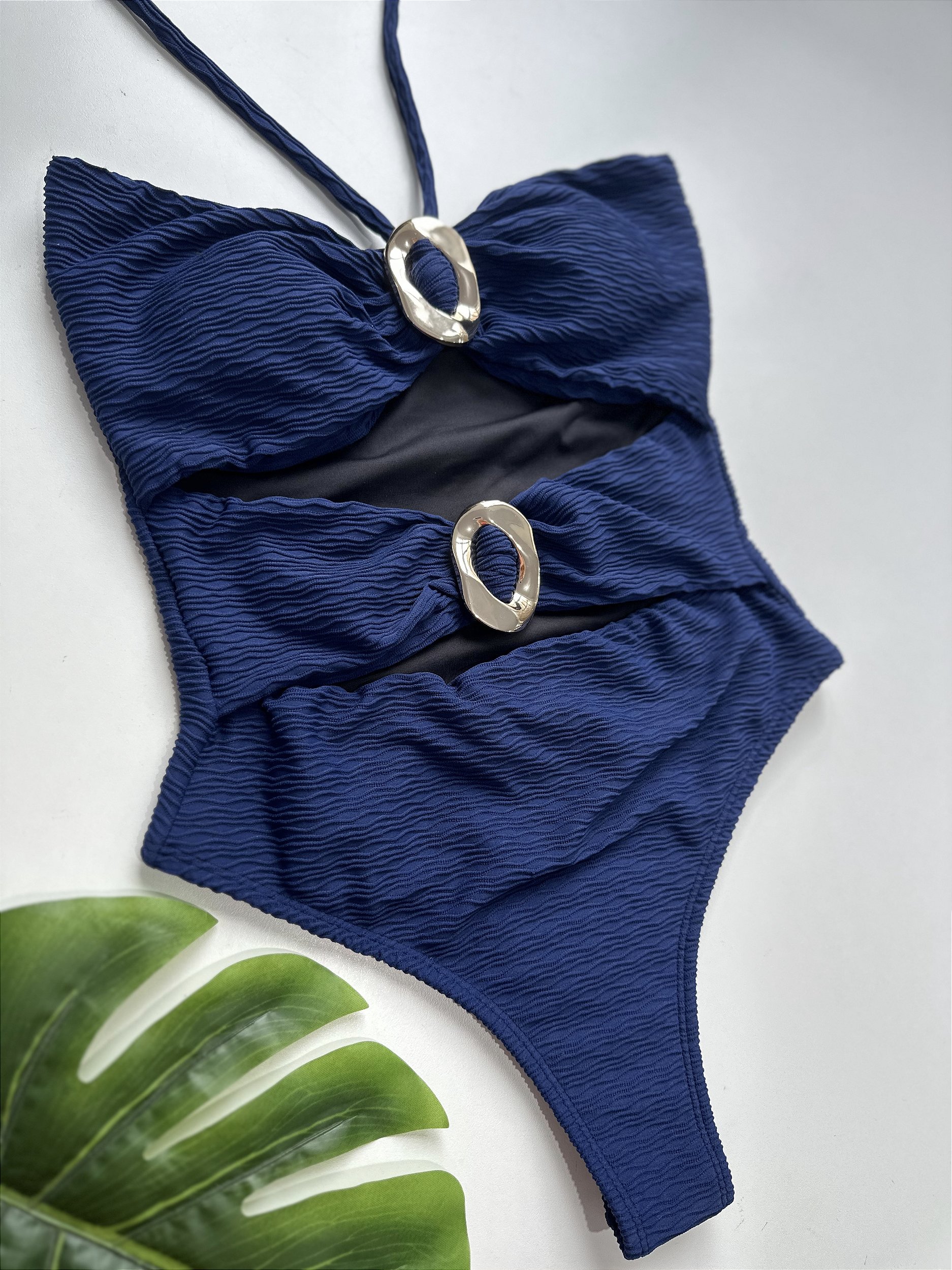 Maiô 230 fio com alça removível e argolas orgânicas wave marinho ...