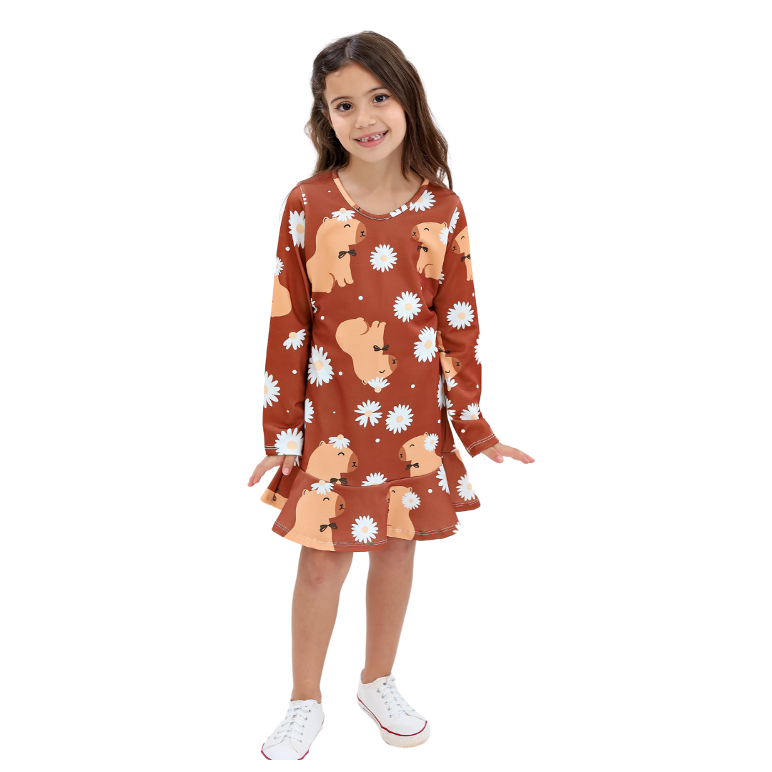 Vestido feminino infantil manga longa capivara - BODY KIDS GYN