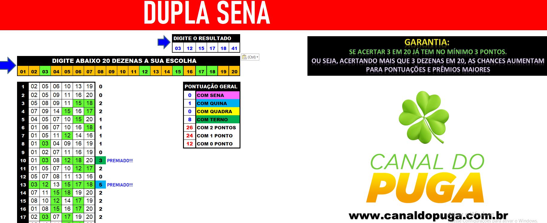 Planilha Dupla Sena - Esquema 20 Dezenas se Acertar 3 já tem Terno ...