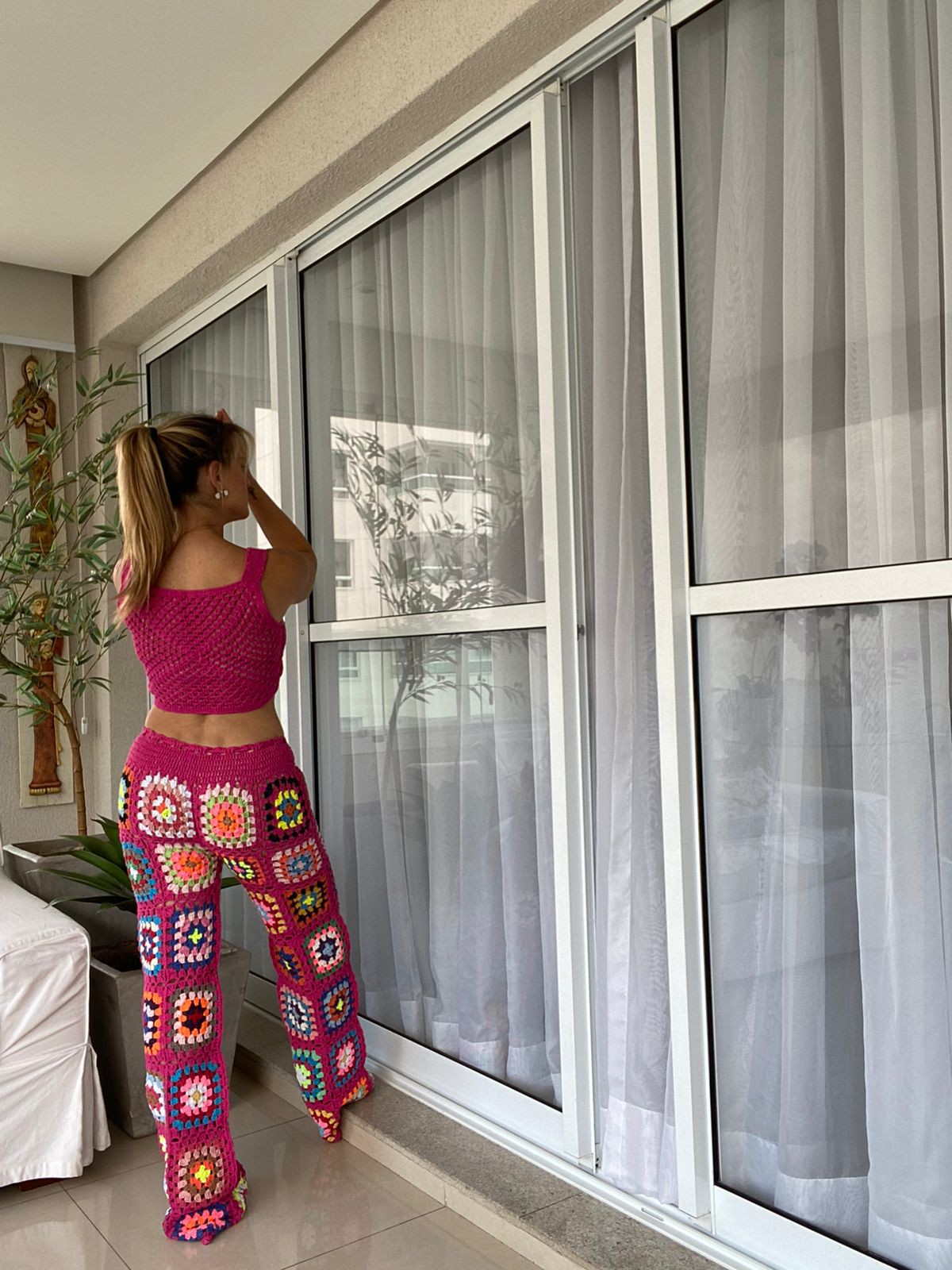 Top Em Crochê Pink Com Trabalho Color Tamanho único Madame Ninna