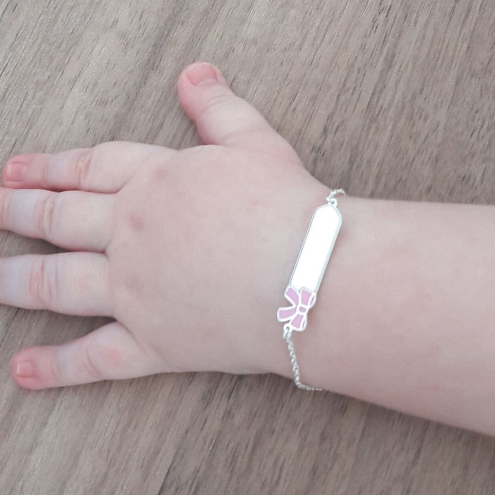 PULSEIRA DE PRATA INFANTIL LAÇO ROSA - Prata 925 Atacado