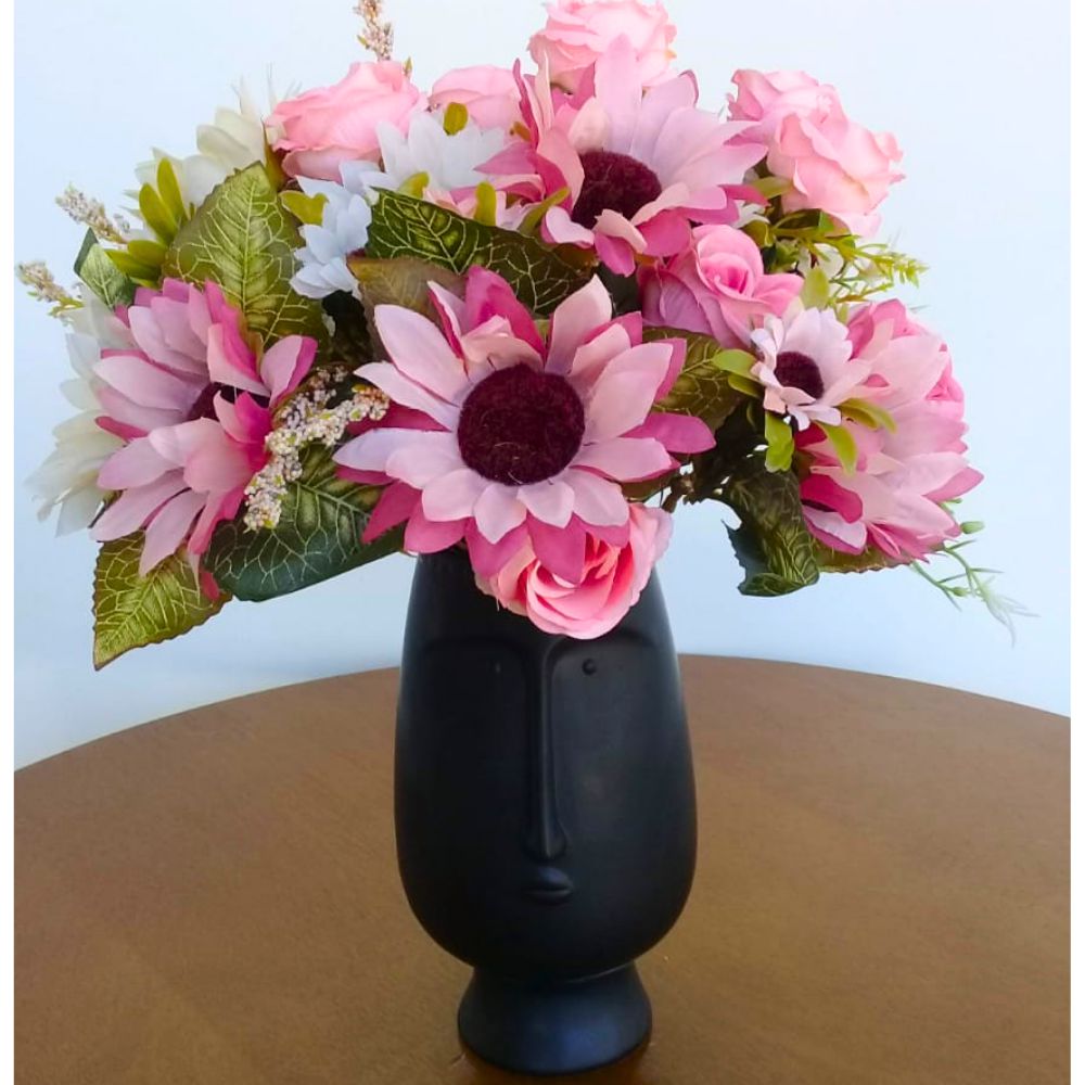 Cachepot Face com Arranjo em Flores e Folhagens Artificiais 40x13,5cm ...