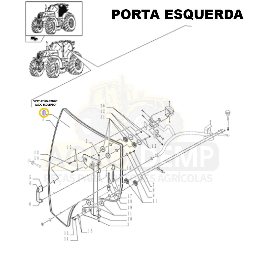 VIDRO PORTA CABINE (LADO ESQUERDO) - NEW HOLLAND T6000 / T6010 / T6020 ...