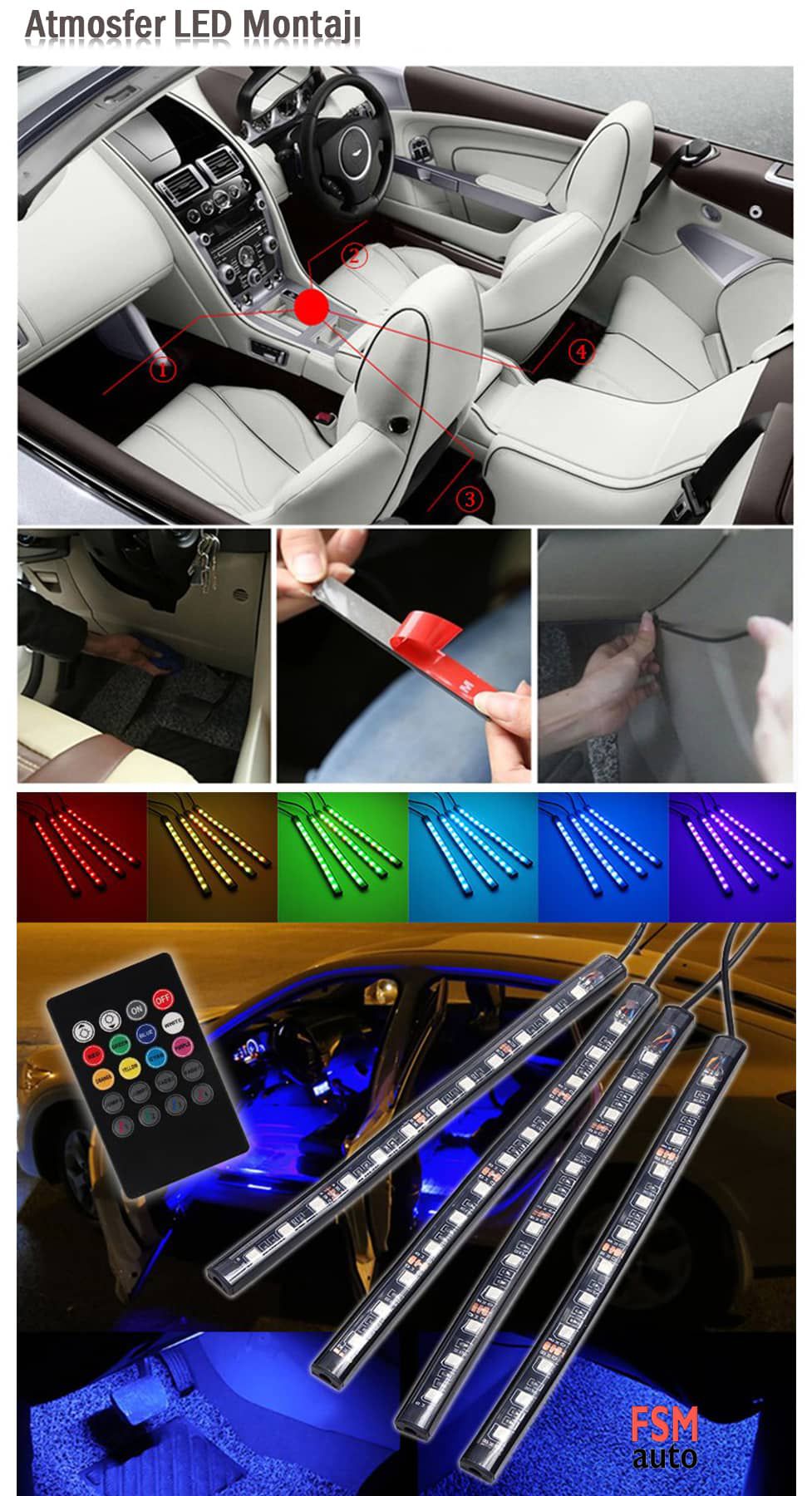 Kit Iluminação Interior Carro Luz Led Rgb Strobo C/ Controle Ambiente ...