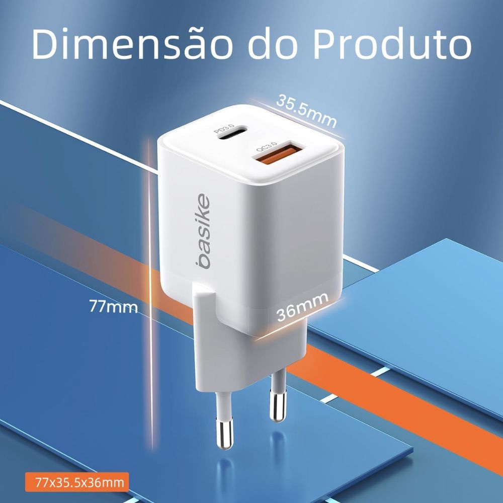 Carregador Basike, Com 1 Saída USB-C 20W, 1 Saída USB Quick Charge 18W ...