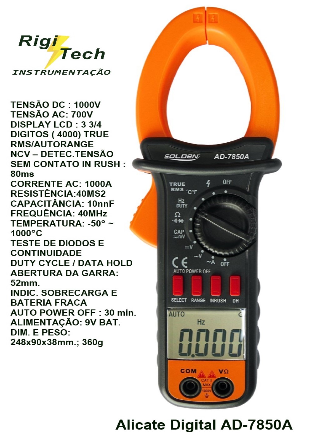 ALICATE AMPERÍMETRO DIGITAL AD-7850A - Rigitech