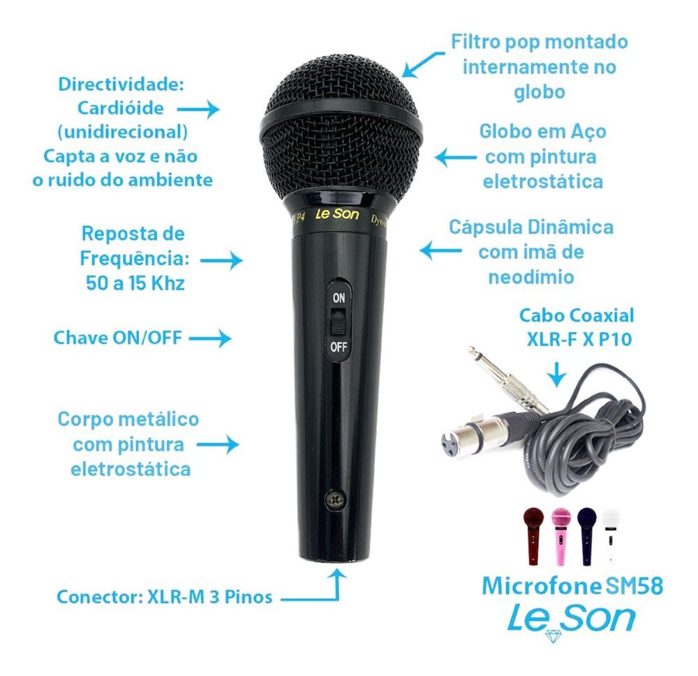MICROFONE LESON SM58 P4 COM CABO - PRETO BRILHANTE - OPSOM | Áudio ...