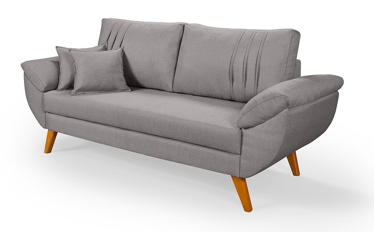 Sofá retrô 3 lugares em linho cinza pés madeira - Zargo