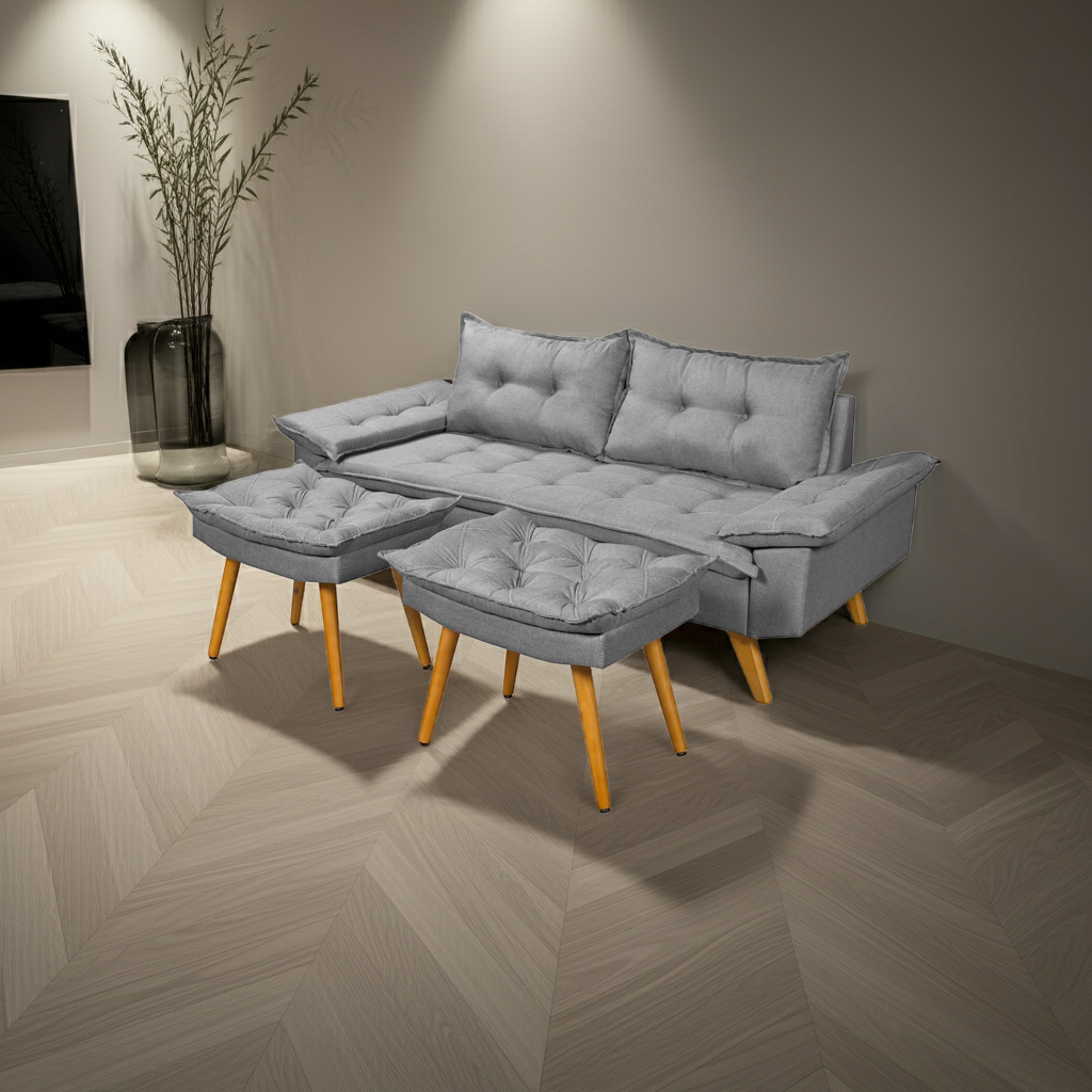 Sofá 3 Lugares Linho Cinza Com 2 Banquetas - Bariloche - Zargo