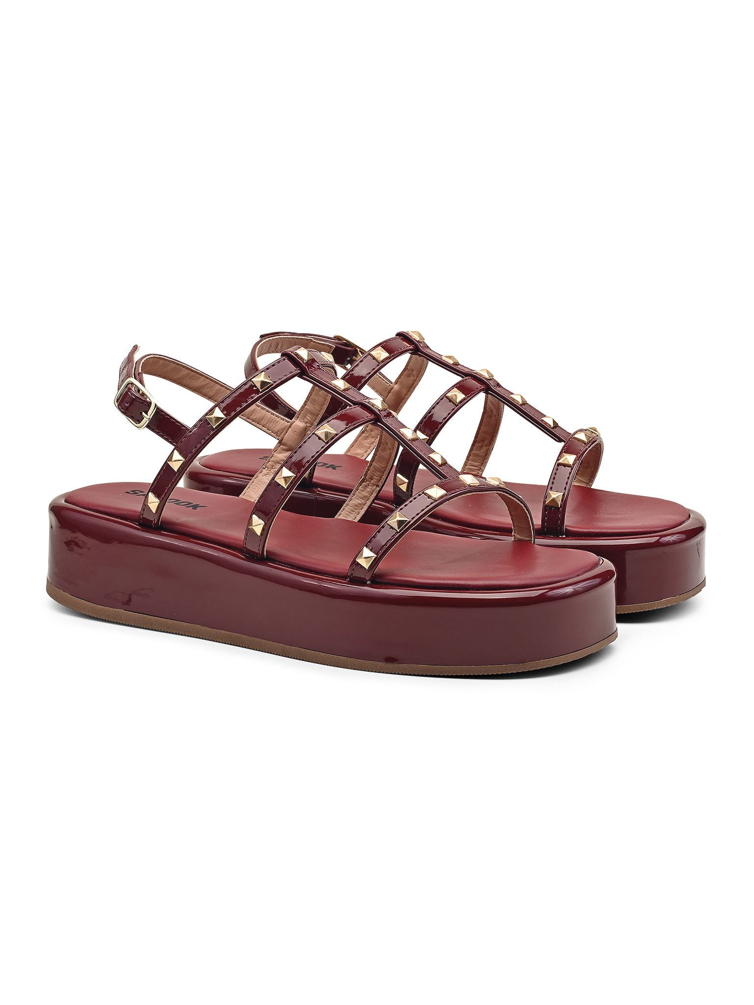 Sandália Papete Burgundy Verniz Spike Dourado - Salook Calçados
