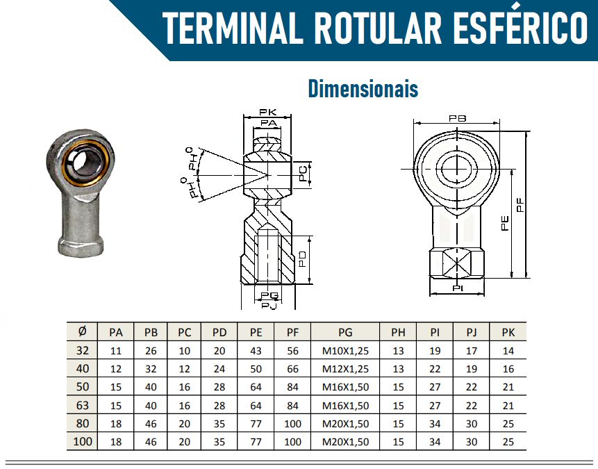 Terminal Rotular Esférico Fêmea Rosca M10 X 1.25 - Ponteira - Rigel Pneumáticos