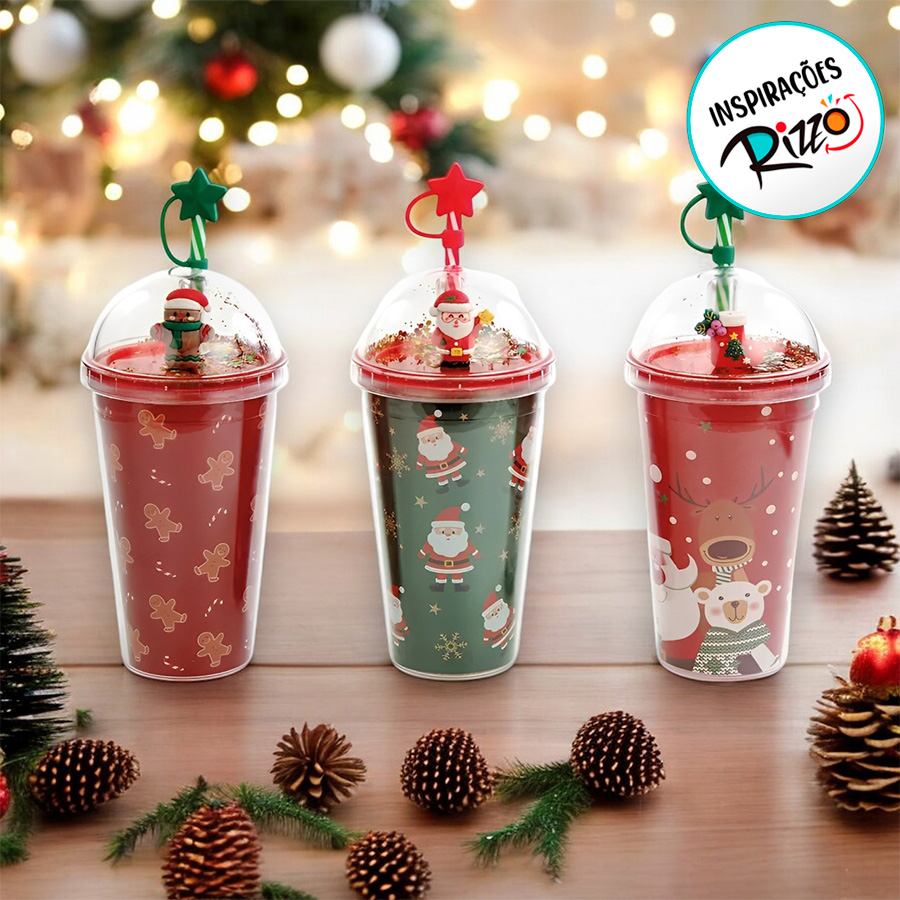 Copo com Tampa e Canudo Papai Noel 450ml - Verde - 1 unidade - Cromus - Rizzo - Rizzo Embalagens