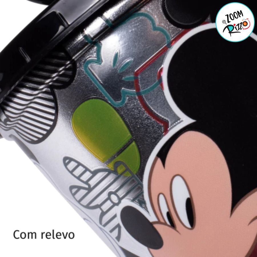 Copo de Plástico com Tampa e Canudo Pin Mickey Mouse - Prata - 500ml ...