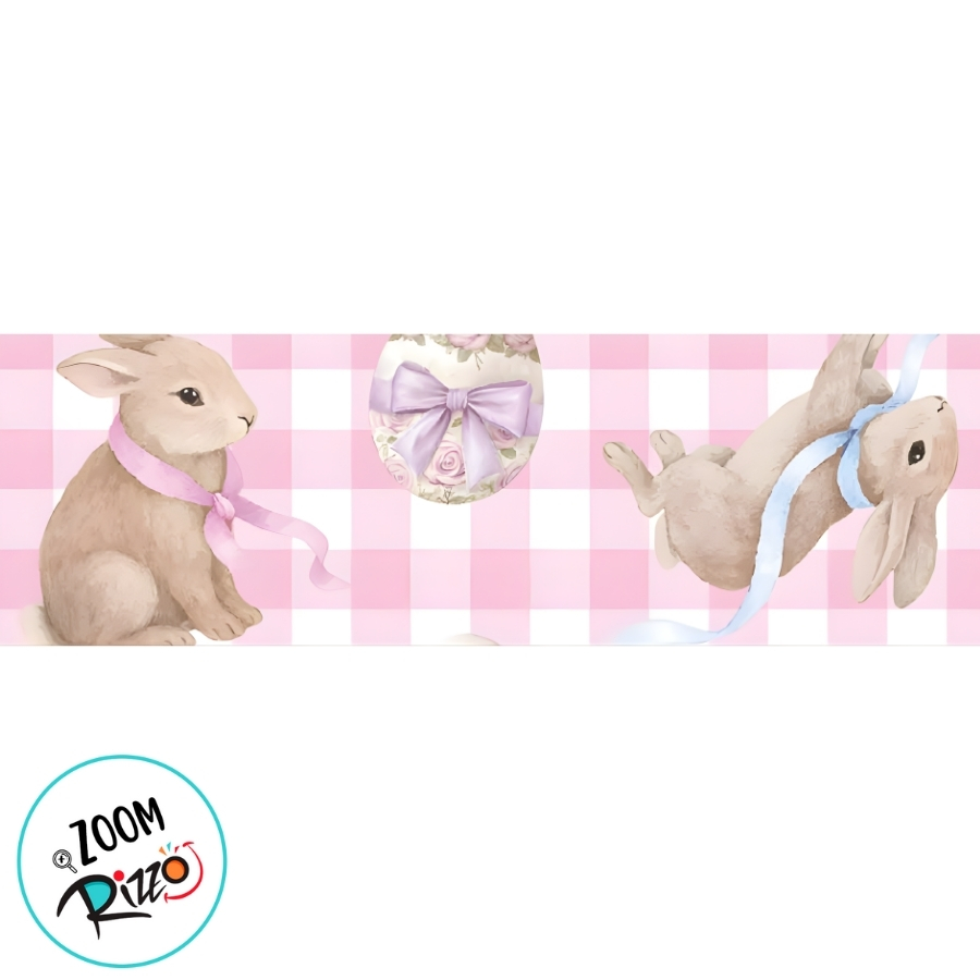 Fita de Cetim 38mm x 10m - Coelhos com Laços Xadrez Rosa - ECF009TR Cor ...