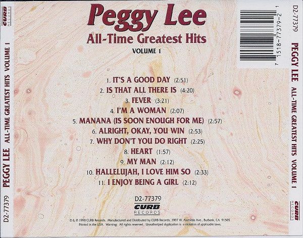 Cd Peggy Lee All Time Greatest Hits Volume 1 Imp Eu