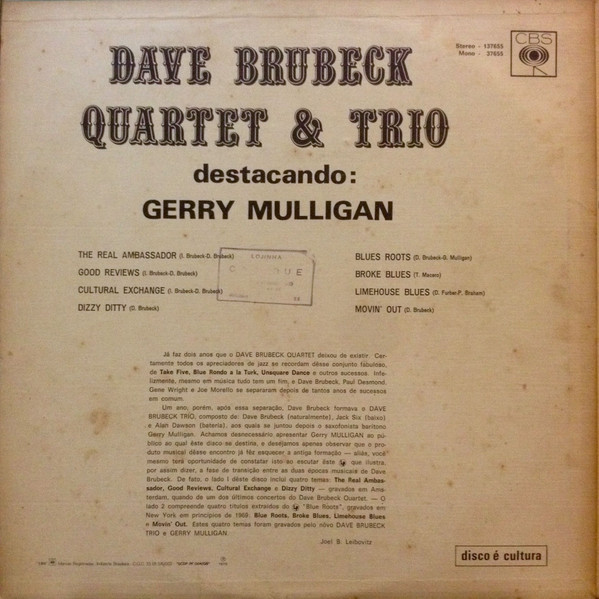 LP - Dave Brubeck Quartet & Trio Destacando Gerry Mulligan – Dave Brub ...