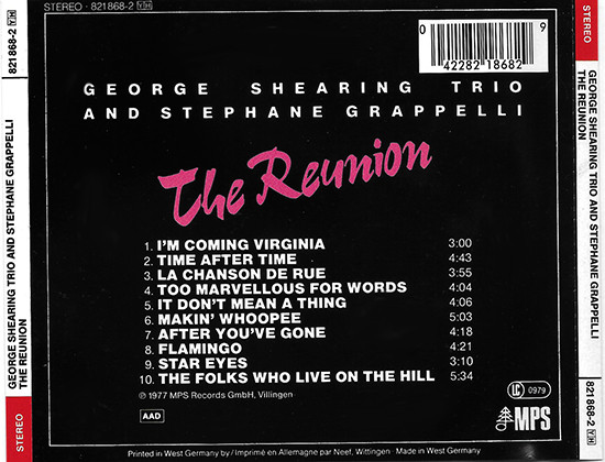 CD - George Shearing Trio And Stephane Grappelli – The Reunion ...