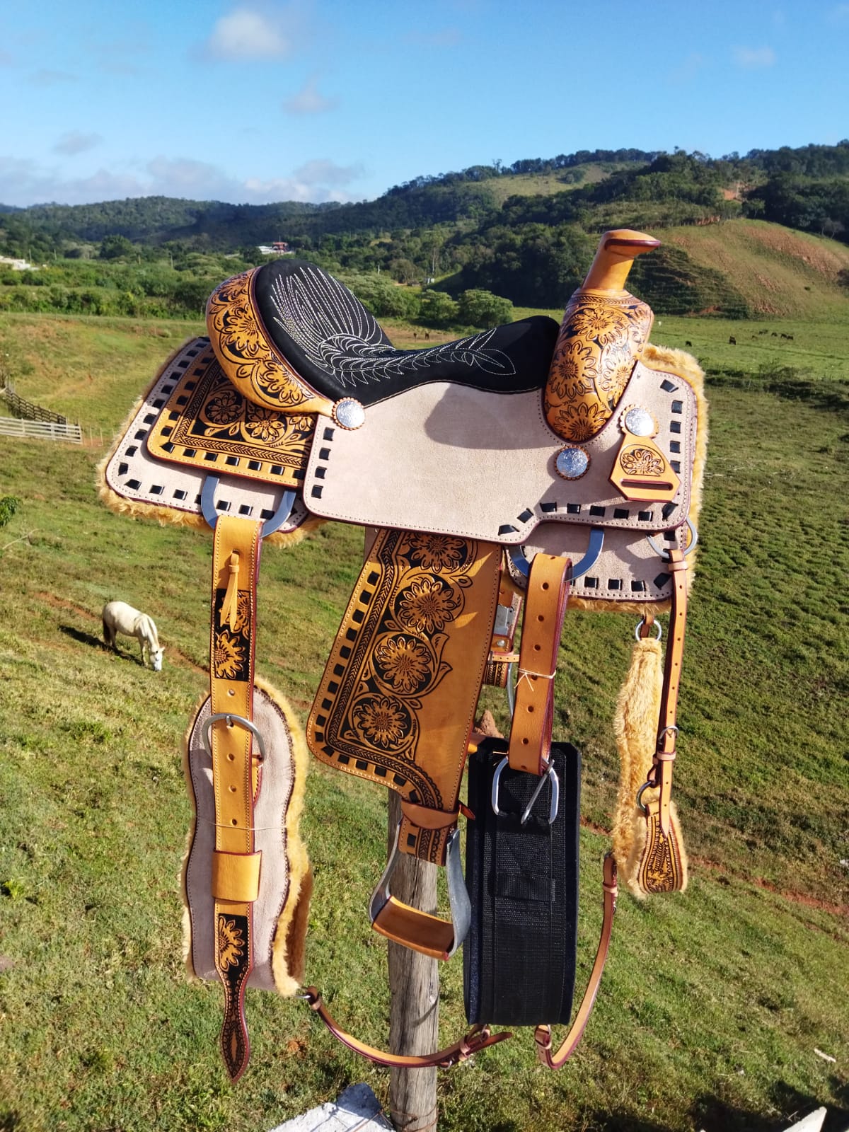 Sela Prova De Laço Toda Entalhada De Couro Legítimo Para Cavalos ...