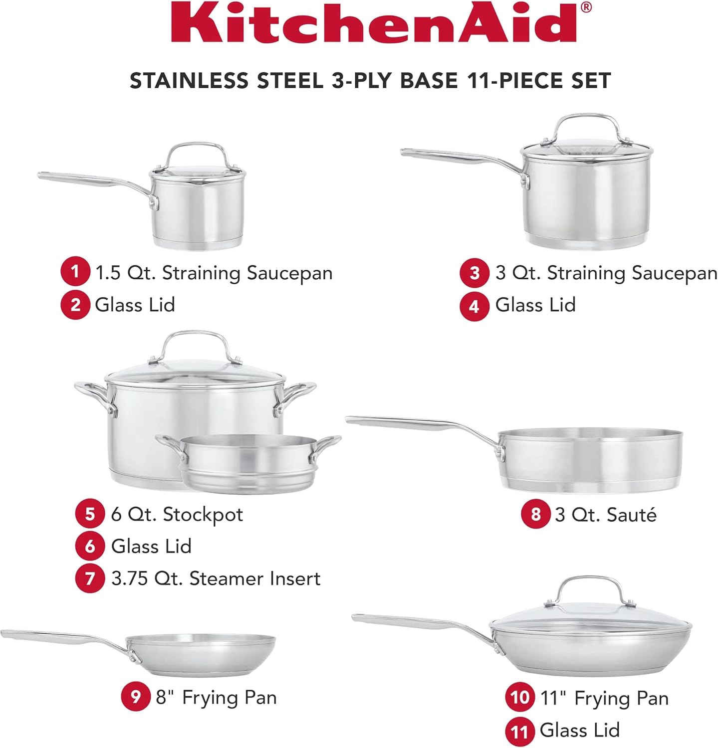 Jogo De Panelas Kitchenaid 3 Camadas Indução Inox 11 Peças - 71001 ...