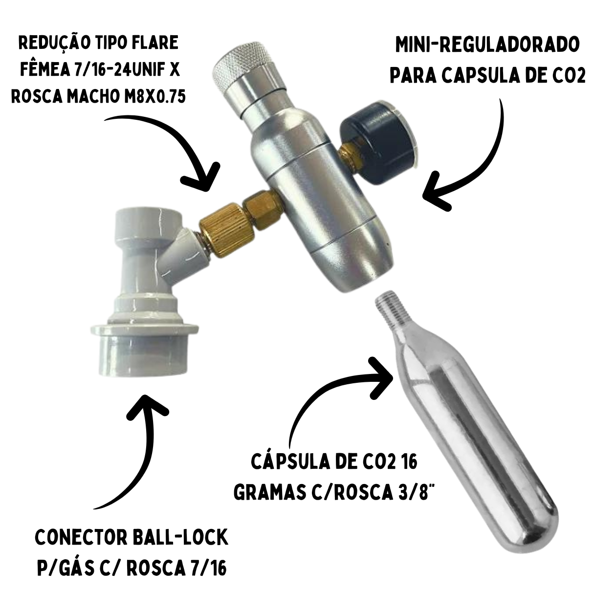 Mini-Reguladora de CO2 com Manômetro + Ball-Lock de Gás +Cartucho CO2 ...