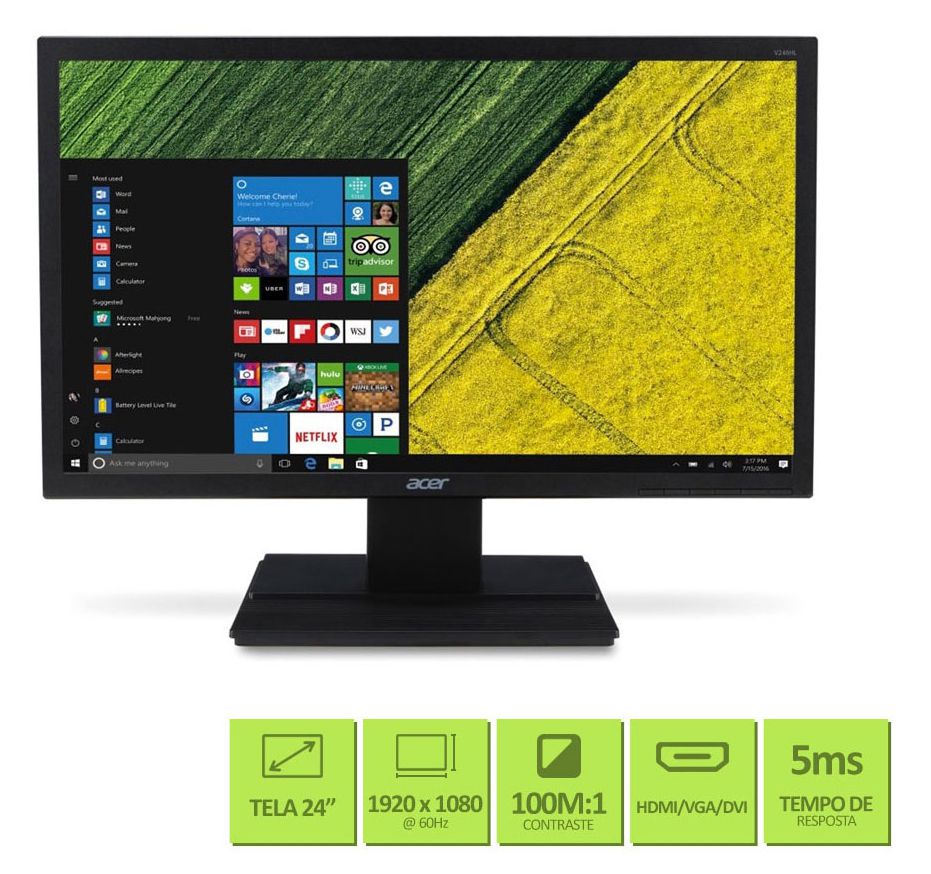 MONITOR ACER 23.6" LED FULL HD HDMI/VGA/DVI V246HQL - Evolutek ...