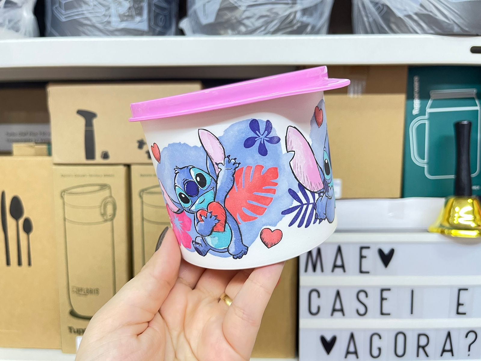 Tupperware Tupper Redondinha 500 ml Stitch Love - Mãe, Casei e Agora ...