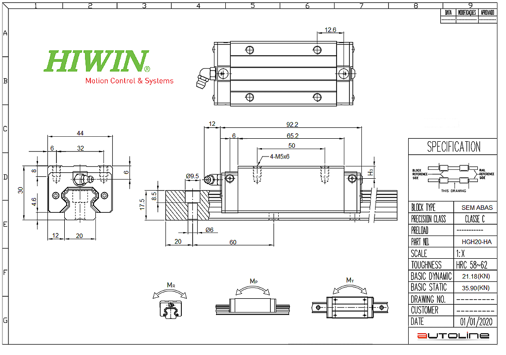 Bloco Sem Abas Hiwin HGH20-HA-Z0-C para Guia 20mm Hiwin - AutolineShop ...