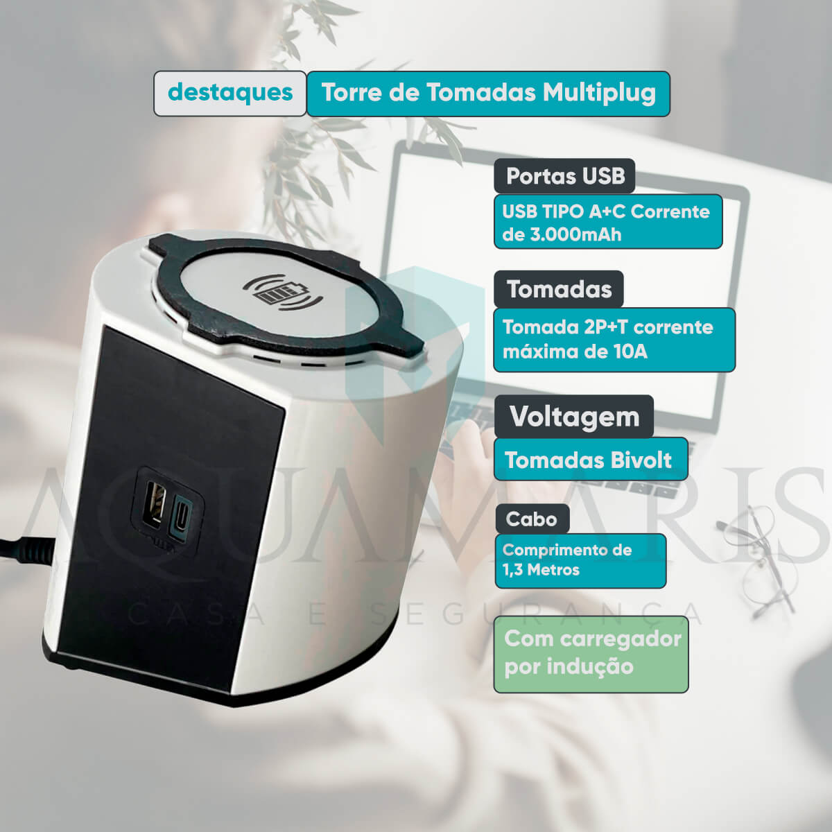 Torre de Tomada com Carregador por Indução e USB C+A e 3 Tomadas 10A ...