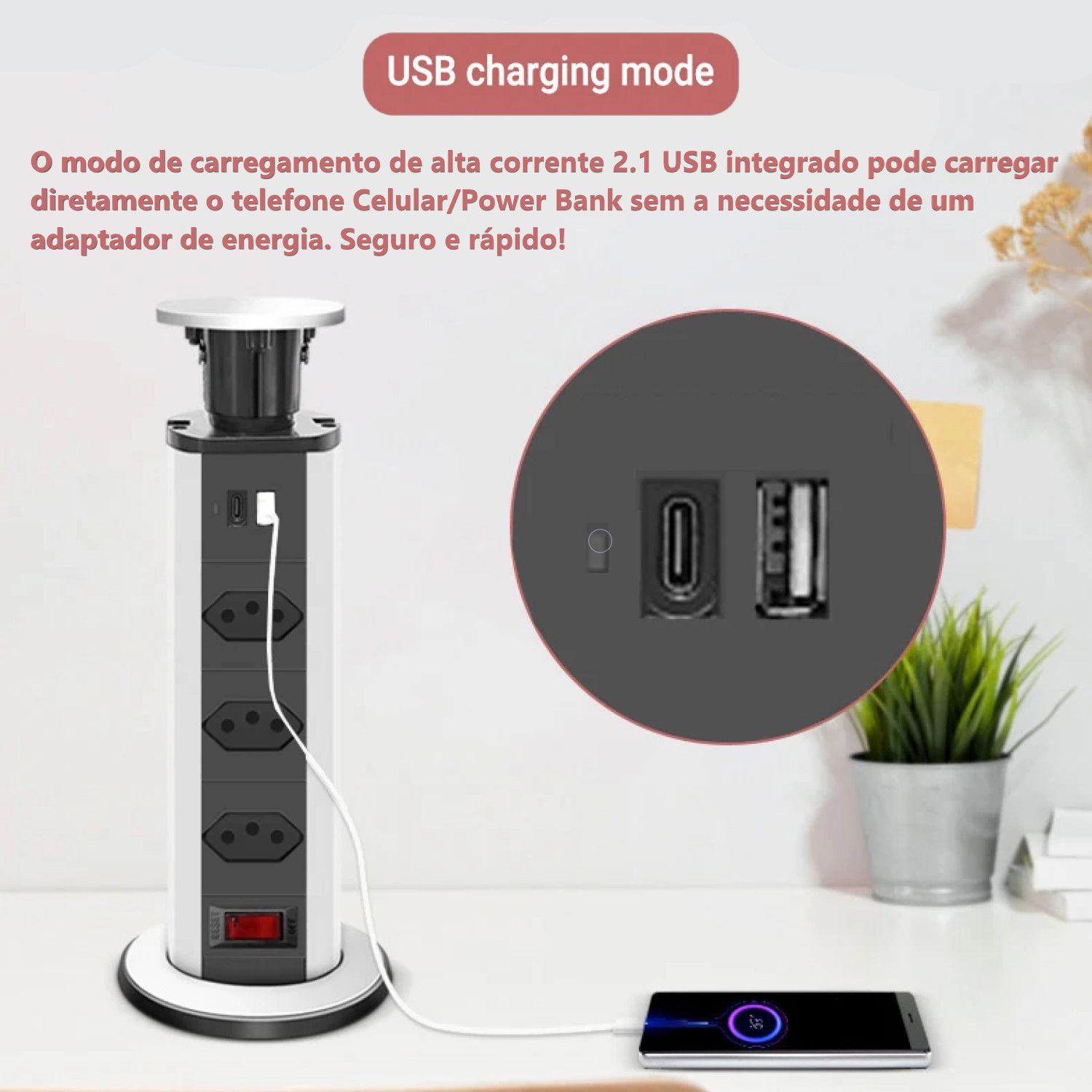 Torre De Tomada Para Bancada Embutir Retrátil Com 3 Tomadas Multiplug ...