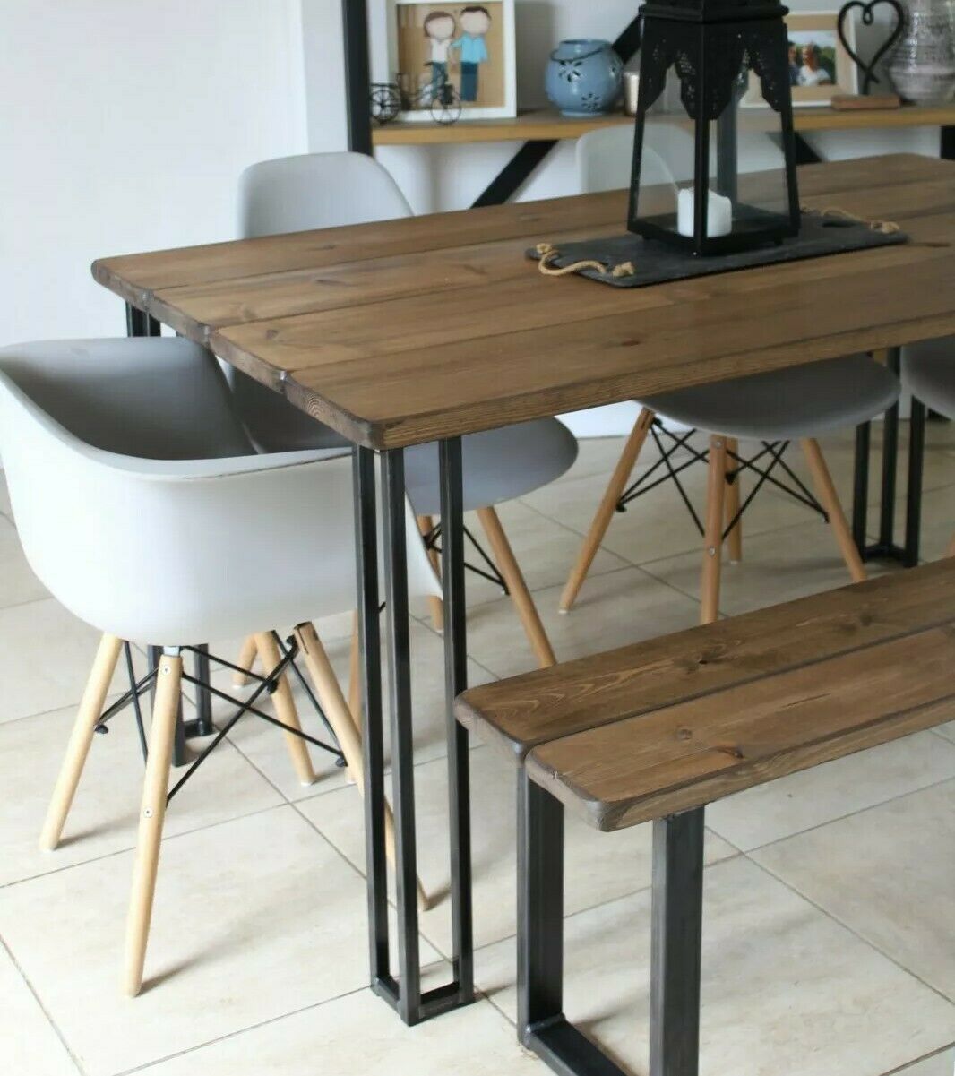Mesa de Jantar aço e madeira estilo industrial rústico com 4, 6 e 8 ...