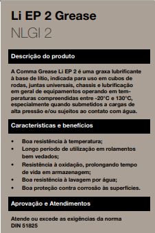 Graxa de Lítio COMMA Grease LI EP 2 NLGI2 20Kg Compatível Mobilux EP2 ...