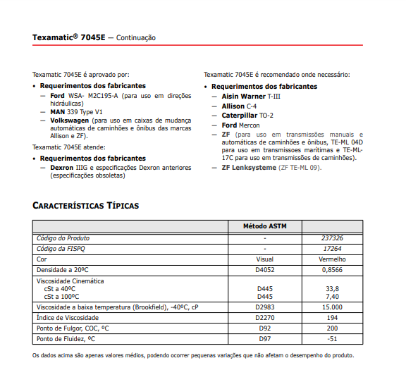 Óleo Lubrificante Mineral Transmissão Automática TEXAMATIC 7045 E 1 LT ...