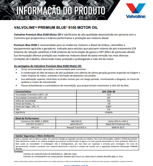 Lubrificante para Motor Valvoline Premium Blue 8100 CJ-4 - Cummins ...