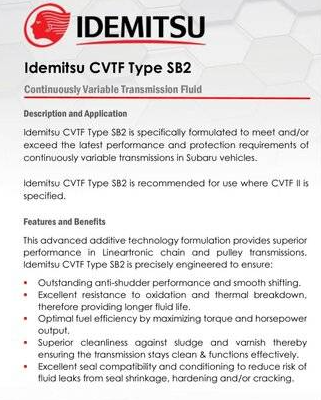 Óleo de Transmissão Automática Idemitsu ATF Type SB2 946ml Subaru CVTF - Fast Car Brasil ...