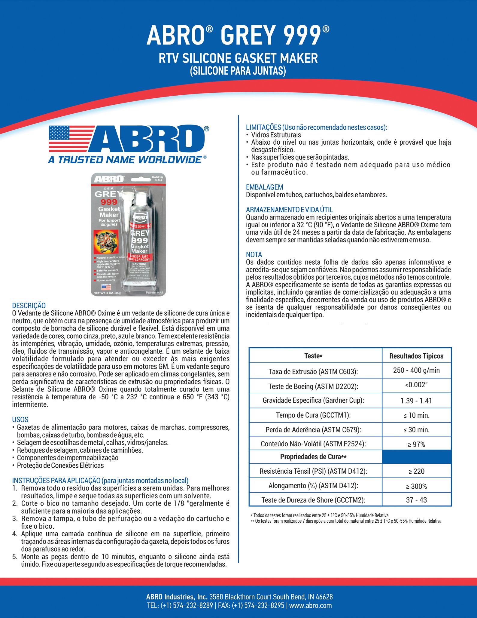 Silicone para Juntas Cinza ABRO GREY 999 85g - O.E.M. Até 343o C - Fast ...