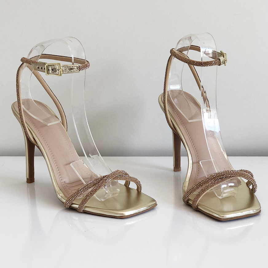 Sandália Festa Salto Alto Fino Com Tiras Strass Dourada - FUEL FASHION